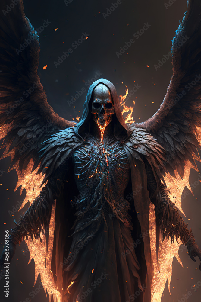 angel of death, hellfire, skeleton, fantasy character, art illustration ...