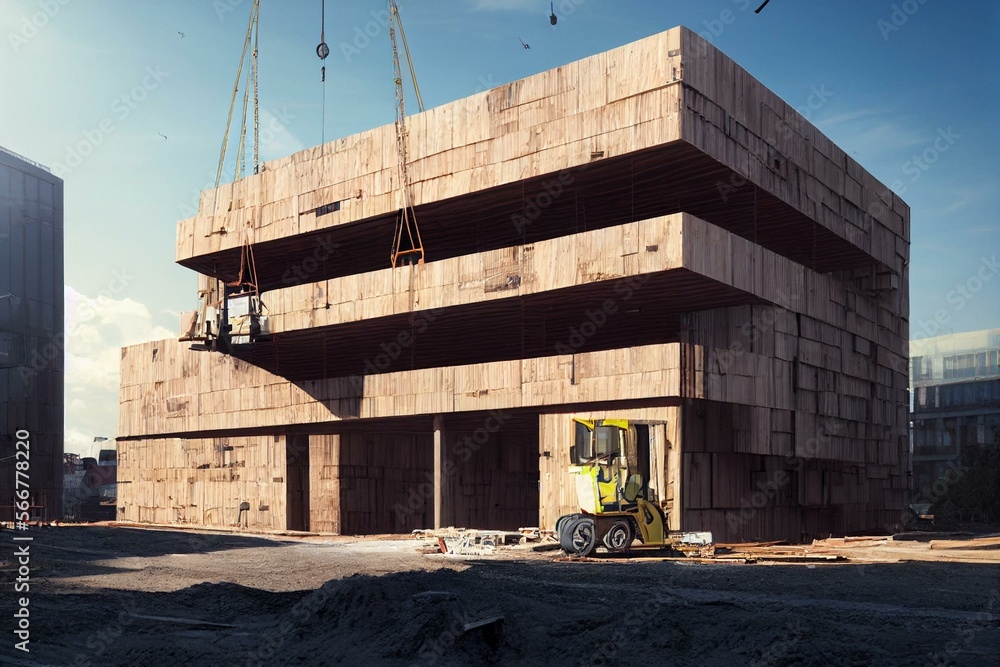 Crane lifting a wooden building module to its position in the structure ...