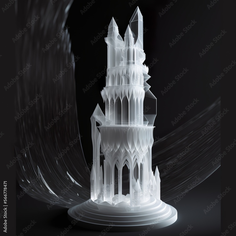 paper tower made of ice sculpture, detailed elaboration castle high ...