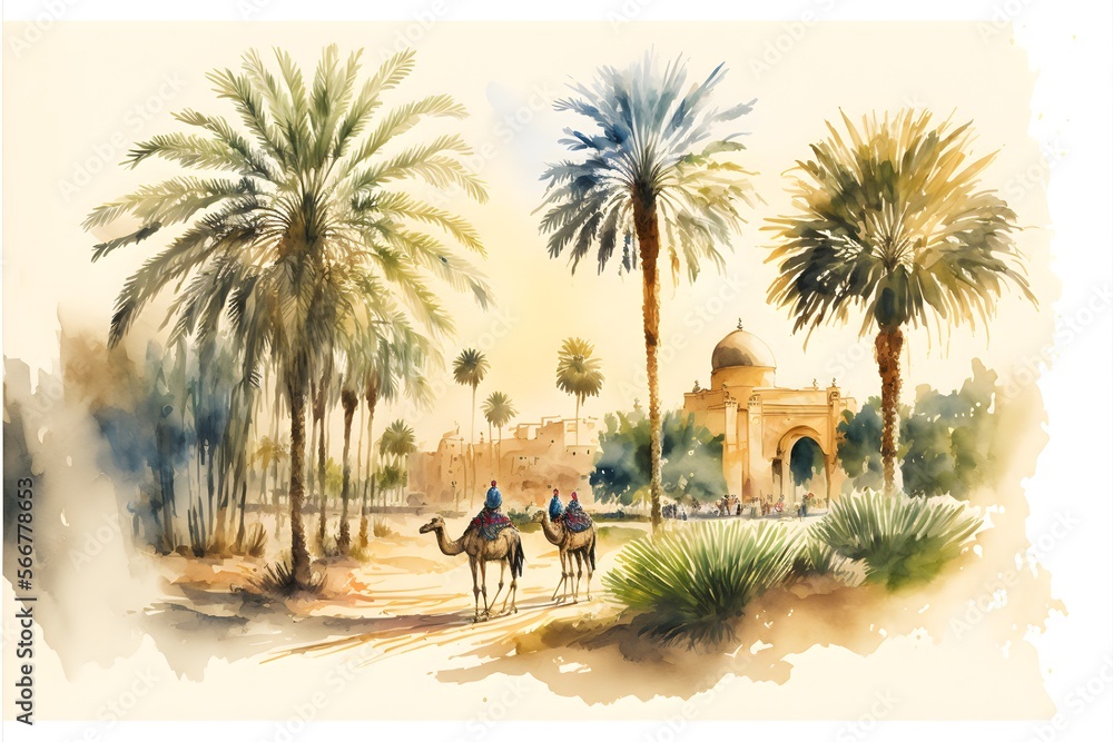 Watercolor painting, a landscape of the Arabian Peninsula in the past ...