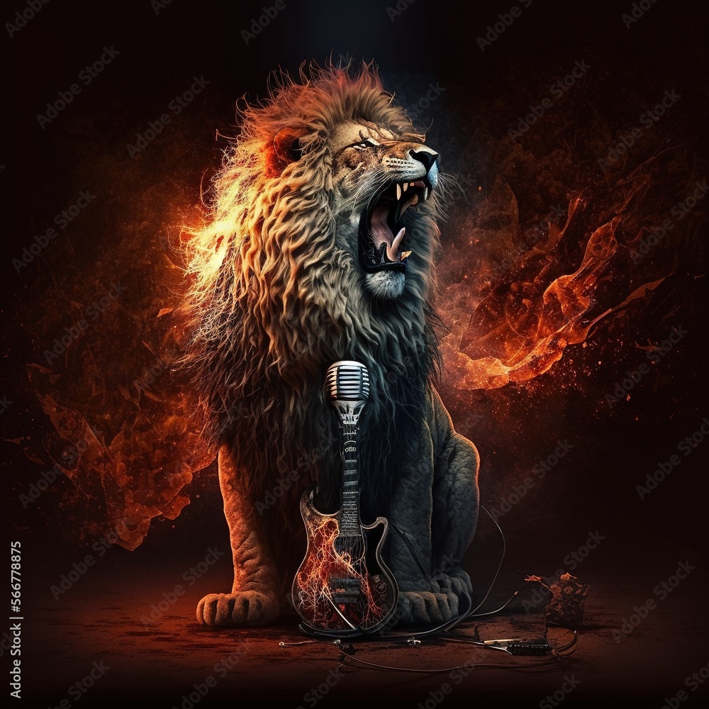 a lion with a guitar and a microphone in its mouth is shown in this ...