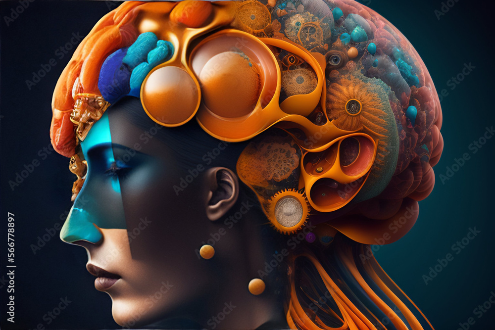 AI generated tech brain with robotic girl's face, concept digital art ...