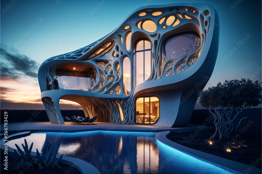 Modern design architectural villa exterior with infinity pool. Designed ...