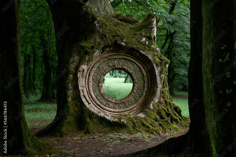 A huge circular portal to another dimension innate in an old oak tree ...