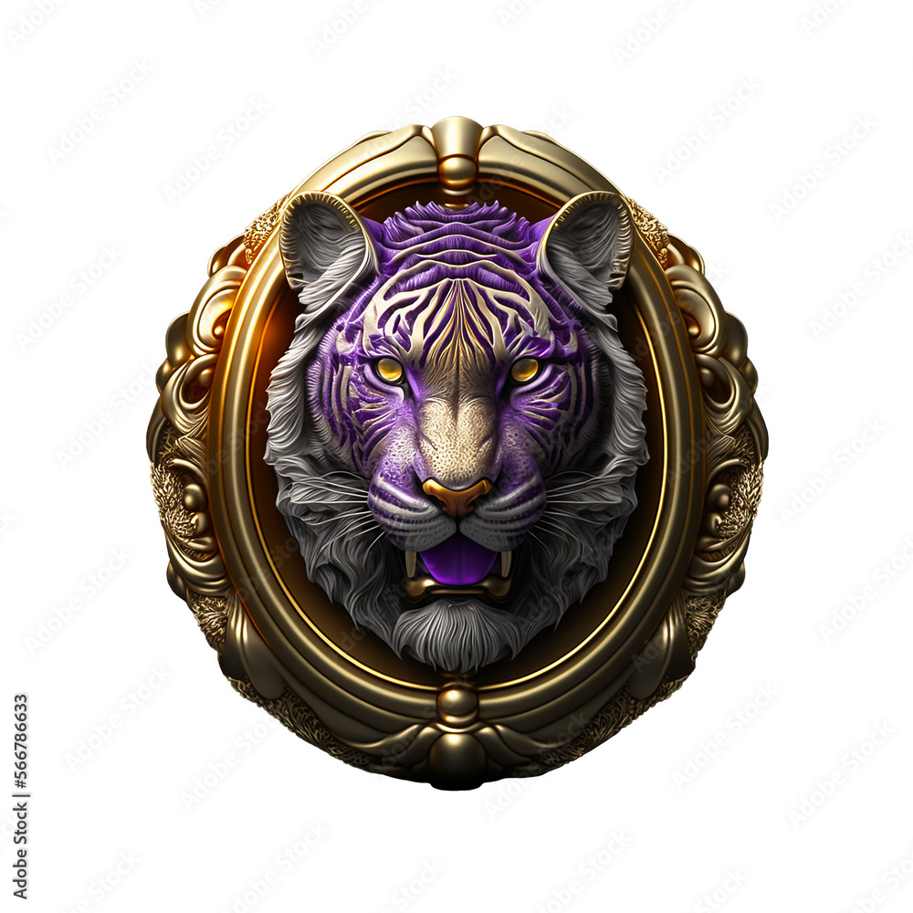 A Silver and gold metal tiger head metal emblem. 3D style tiger metal ...