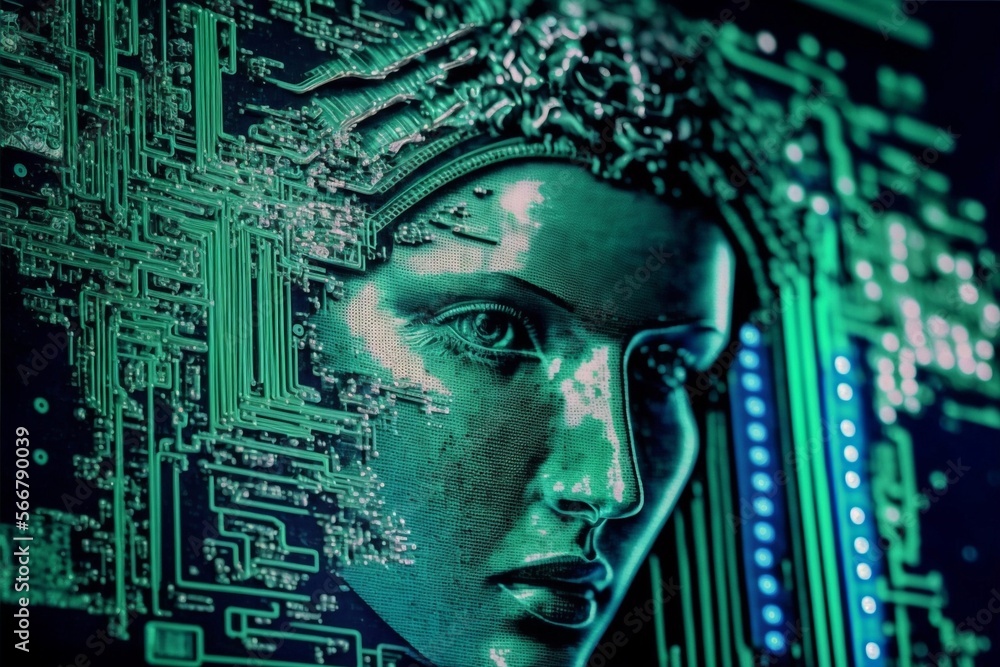 A captivating close-up of a computer circuit board, depicting a human ...