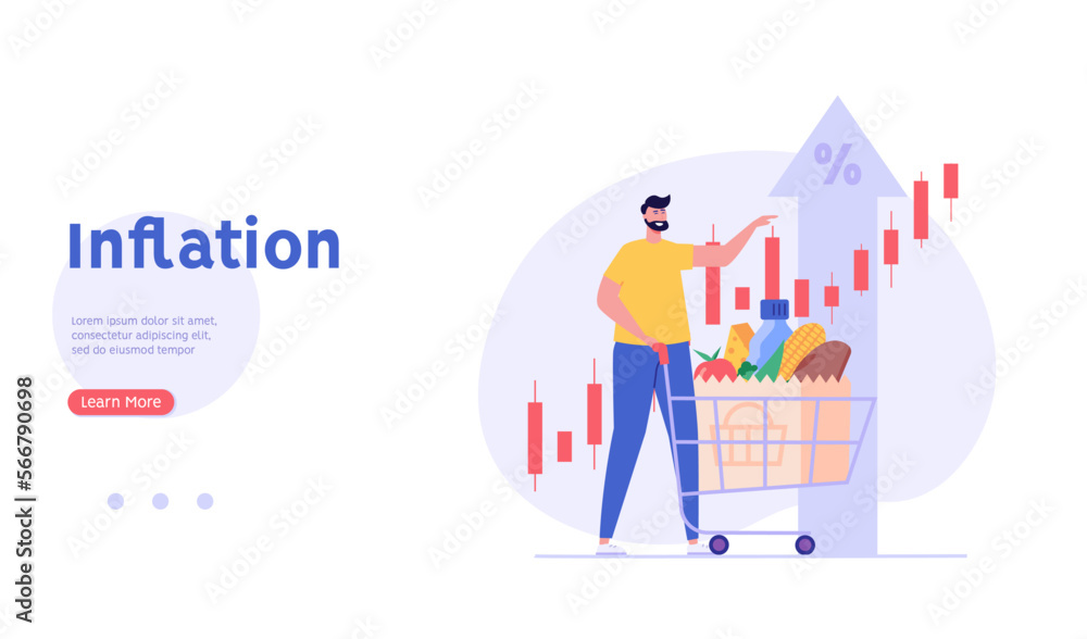 Consumer with shopping cart and grocery prices rising. Increase ...