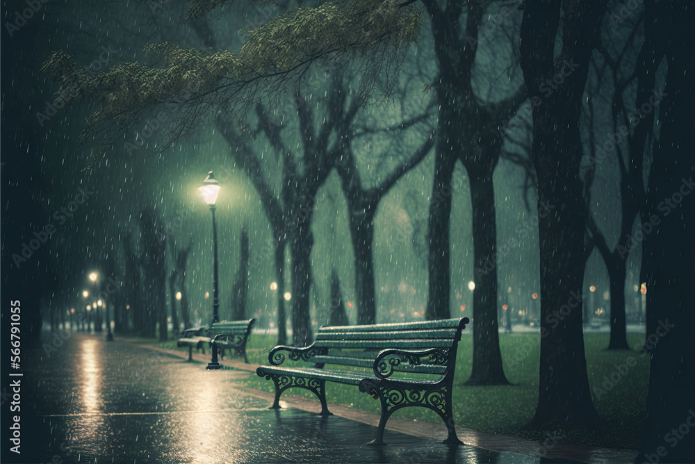 two park benches sitting on a wet sidewalk in the rain under a street ...
