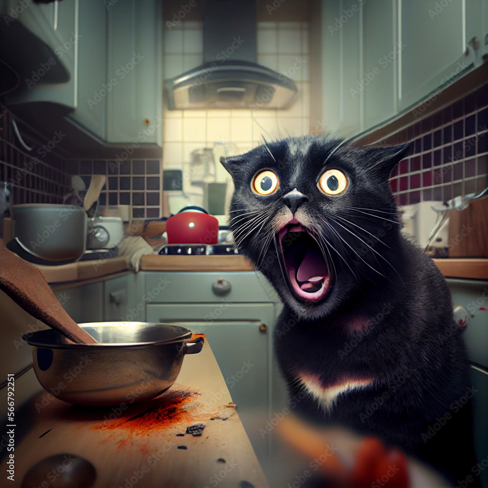 Totally shocked cat in kitchen, Cat is panicking in a kitchen making ...