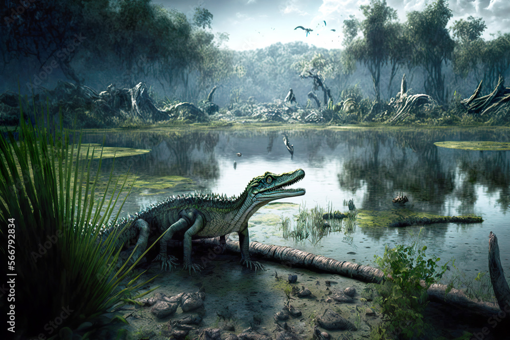 In an ancient alien world, different animal species live in the swamp ...