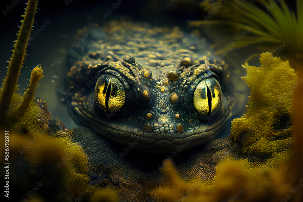 In an ancient alien world, different animal species live in the swamp ...