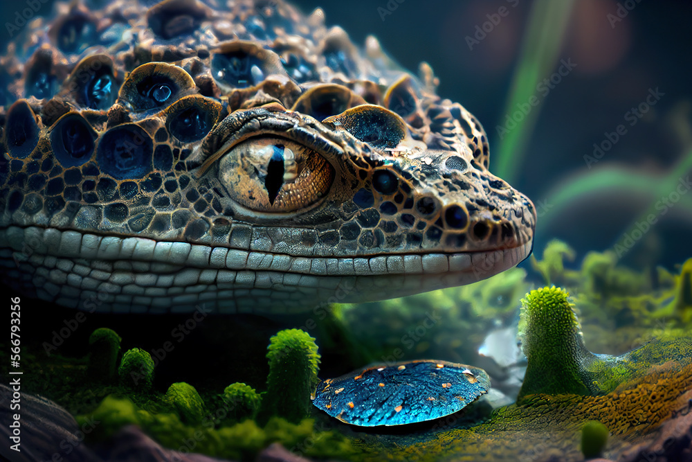 In an ancient alien world, different animal species live in the swamp ...