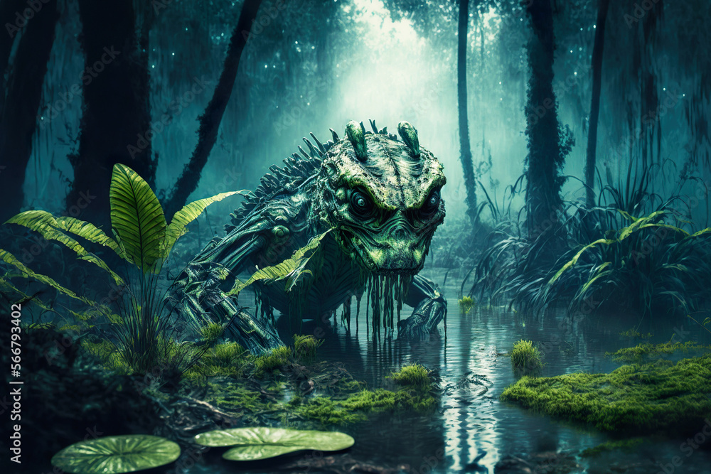 In an ancient alien world, different animal species live in the swamp ...