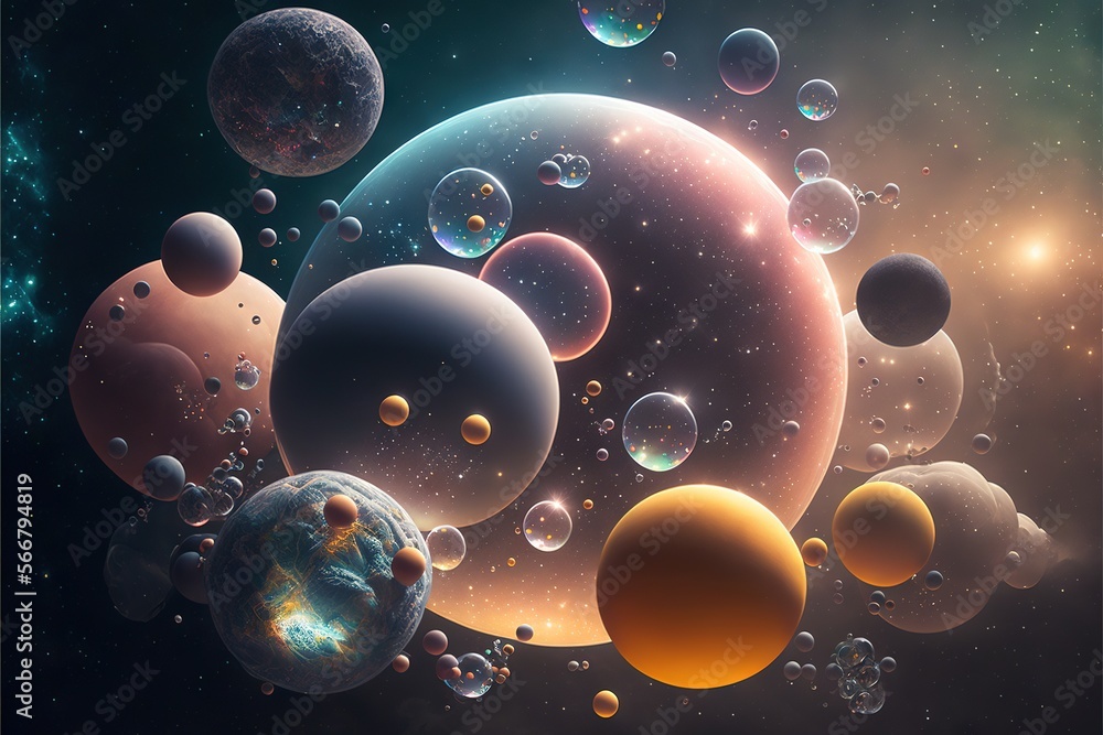 a bunch of bubbles floating in the air next to a space station with ...