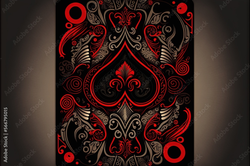 a red and black playing card on a black background with a red and white ...
