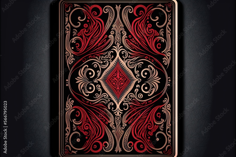 a red and gold playing card on a black background with a black ...