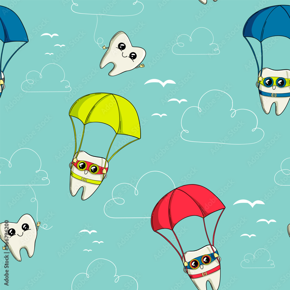 Pulled out tooth fly on the sky endless background with clouds ...