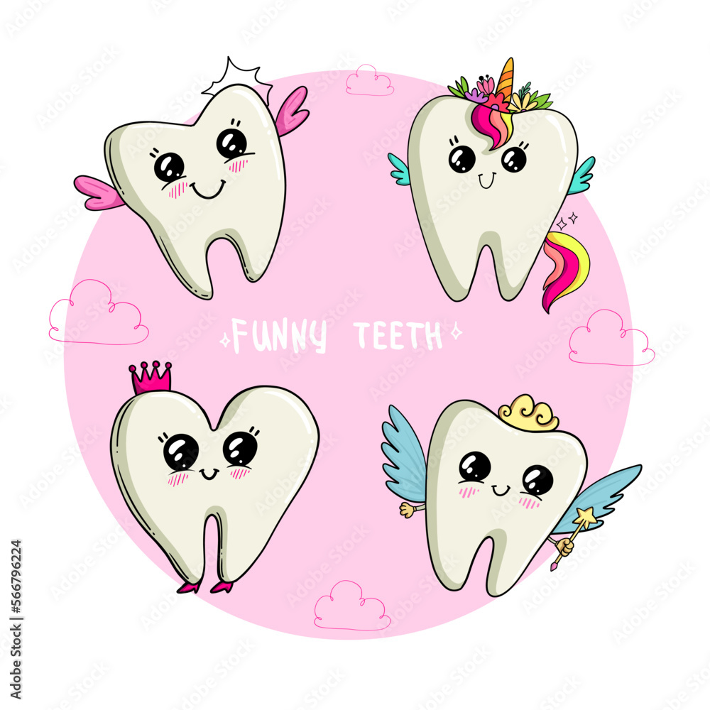 Cartoon teeth character. Funny tooth illustration drawing in fairy ...