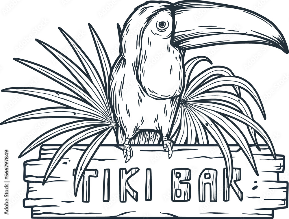 Toucan with wooden signboard and leaves for design of tropical beach ...