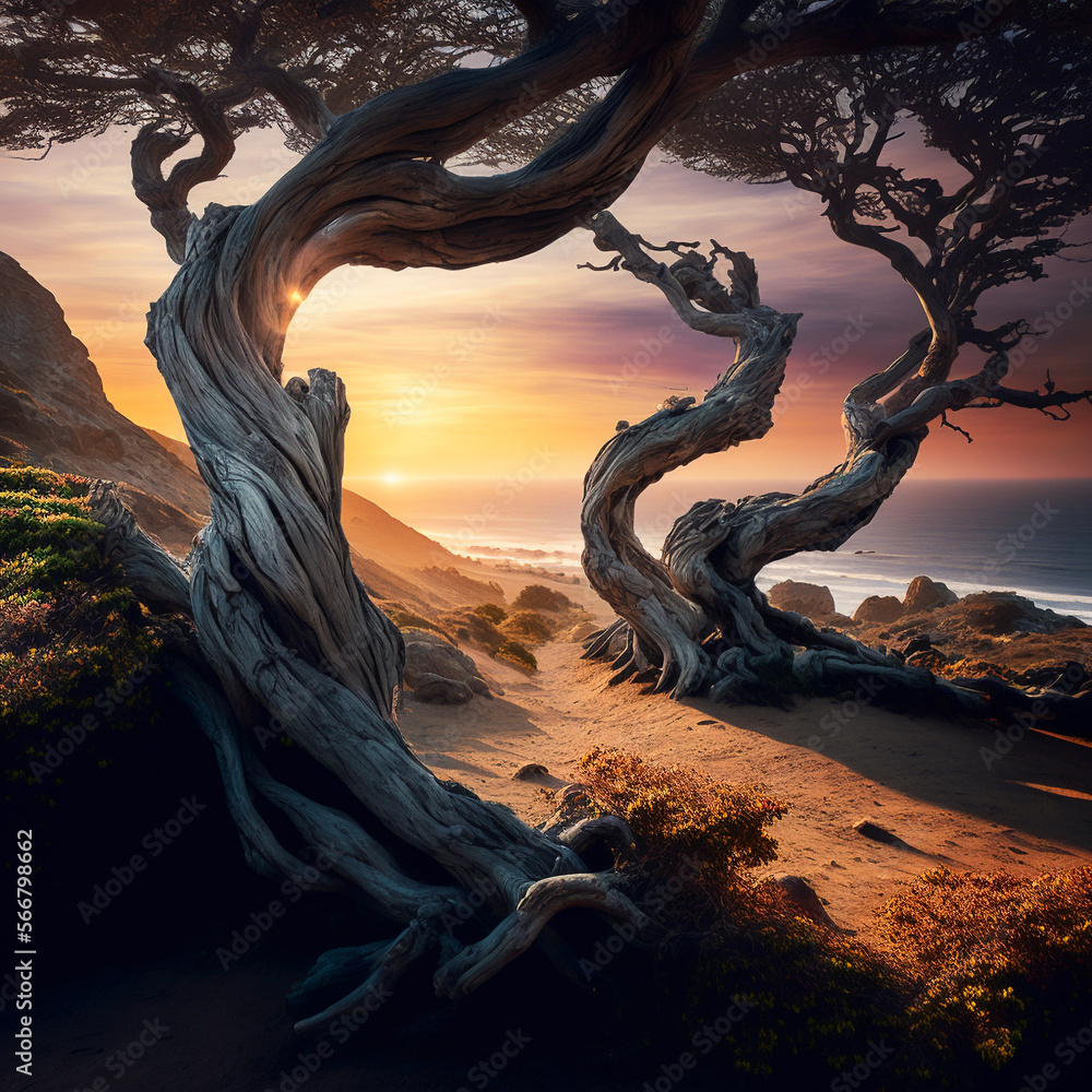 landscape: wine-shaped trees on bluff over Mendocino beach (generative ...