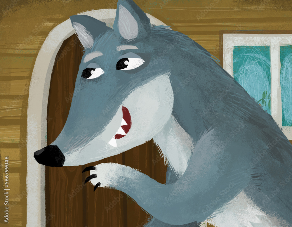 cartoon scene with evil wolf spying near wooden house illustration for ...