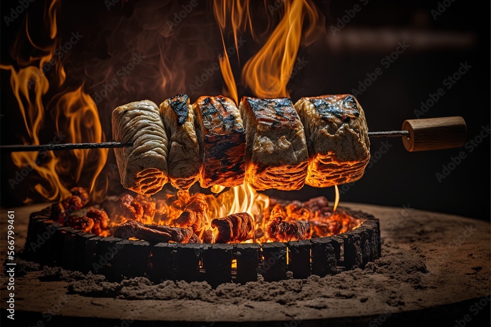 a bunch of food is being cooked on a stick over a fire pit with flames ...