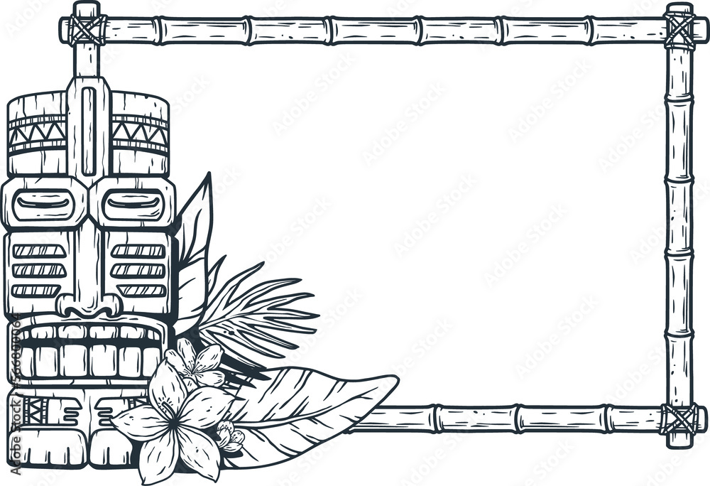 Tiki background with tiki mask, tropical frame and exotic leaves for ...