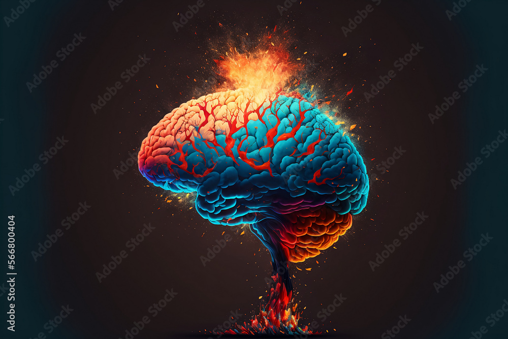 Concept art of a human brain exploding with knowledge and creativity ...