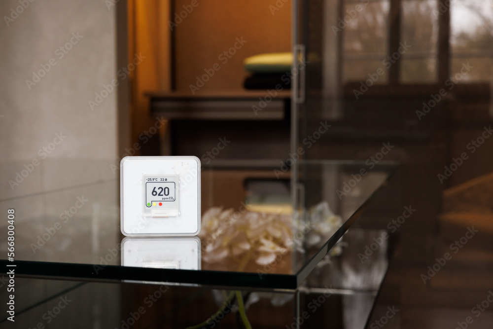 CO₂ sensor monitor. Indoor air quality sensor. Healthy work environment ...