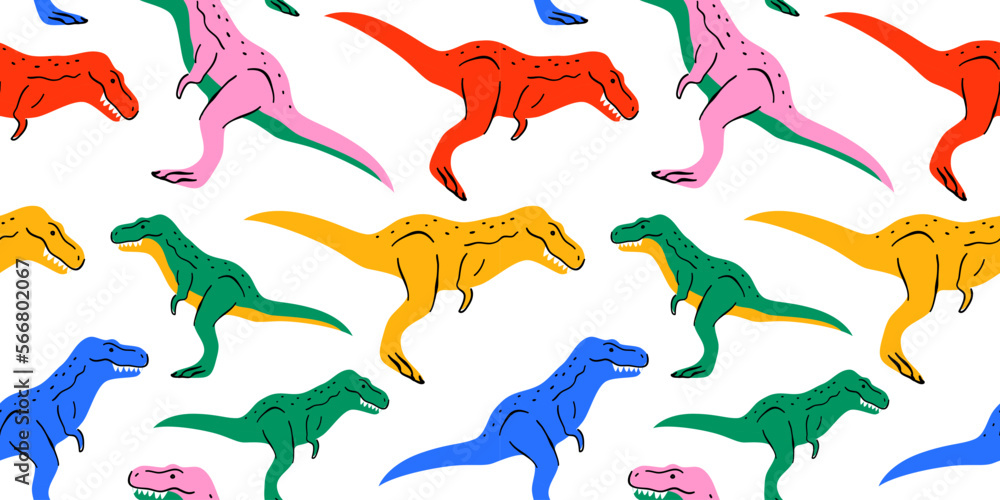 Retro dinosaur doodle seamless pattern illustration. Colorful 90s style ...