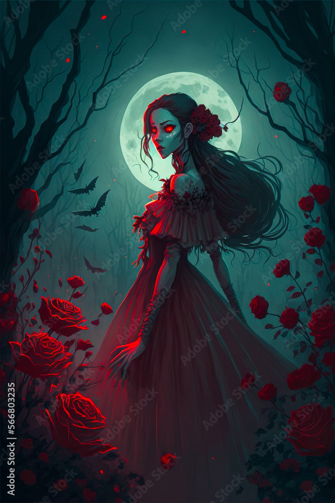 vampire woman in a dark forest and roses, cartoon style, Generative AI ...