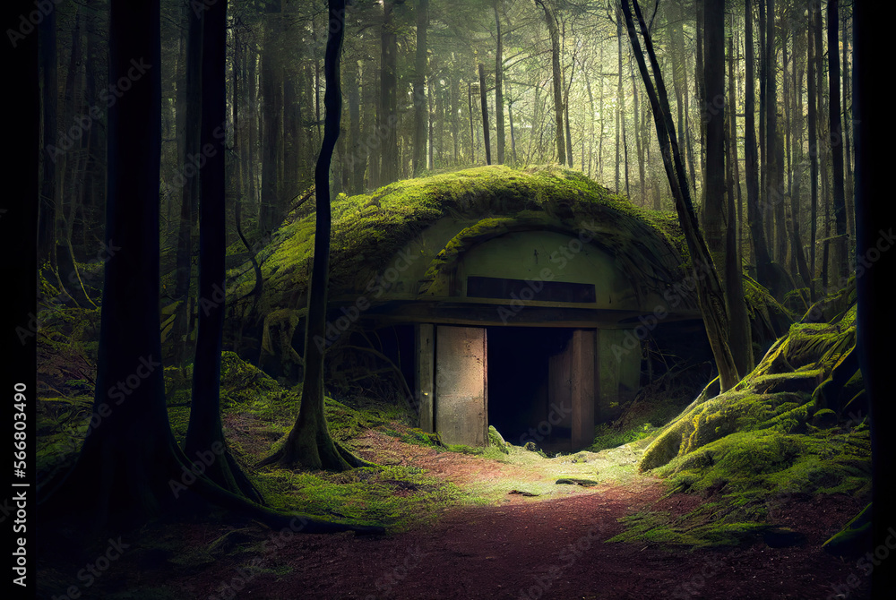 Old and abandoned bunker in forest covered with moss created with AI ...