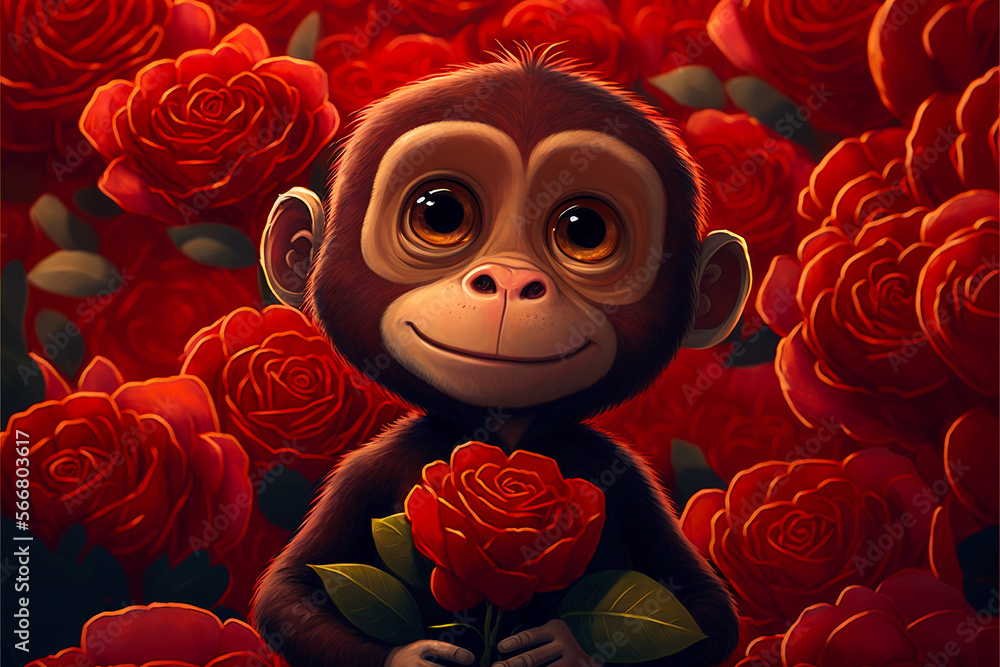 valentine monkey and red roses, cartoon style, Generative AI Stock ...