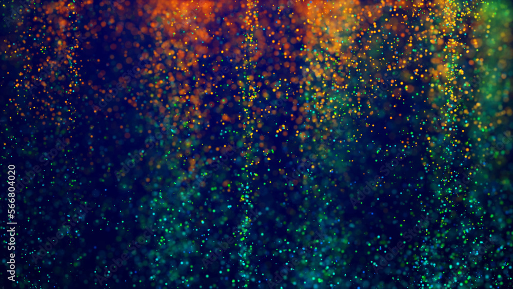 Magical multicolored sparkles of light form abstract simple spiral structure. Multi-colored glow ...