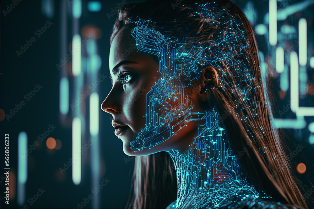 realiti virtual woman connected, circuits, 3d character, connected to ...