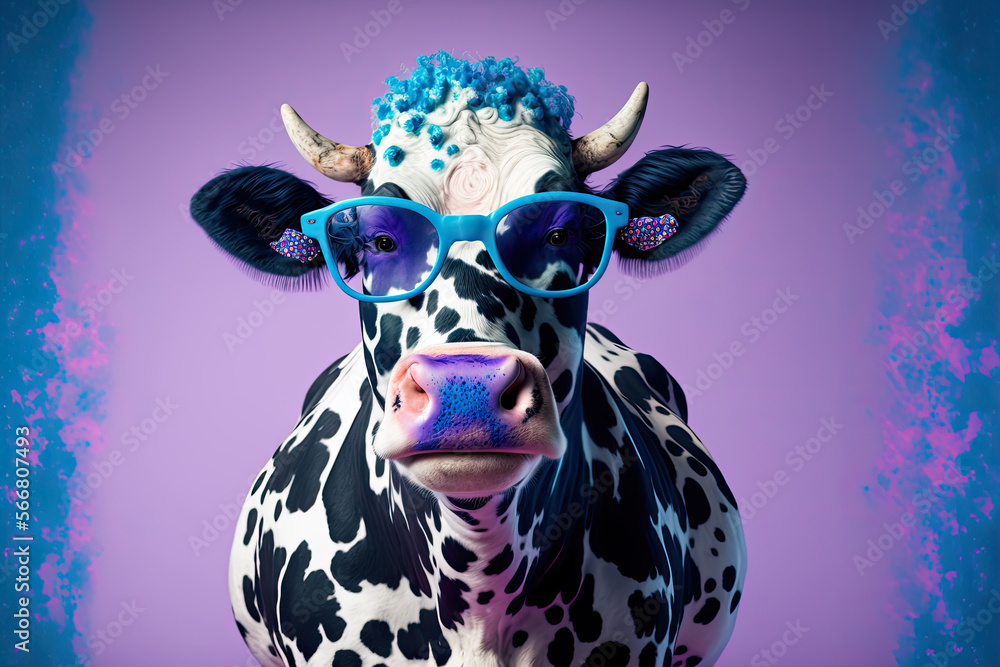 Cool Cow: A Whimsical Bovine Wearing Sunglasses on a purple Studio ...