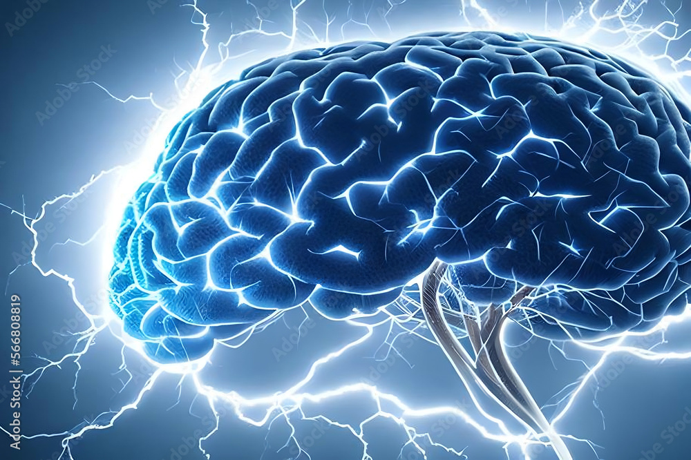 Human brain with electrical activity and flashes on a blue background ...