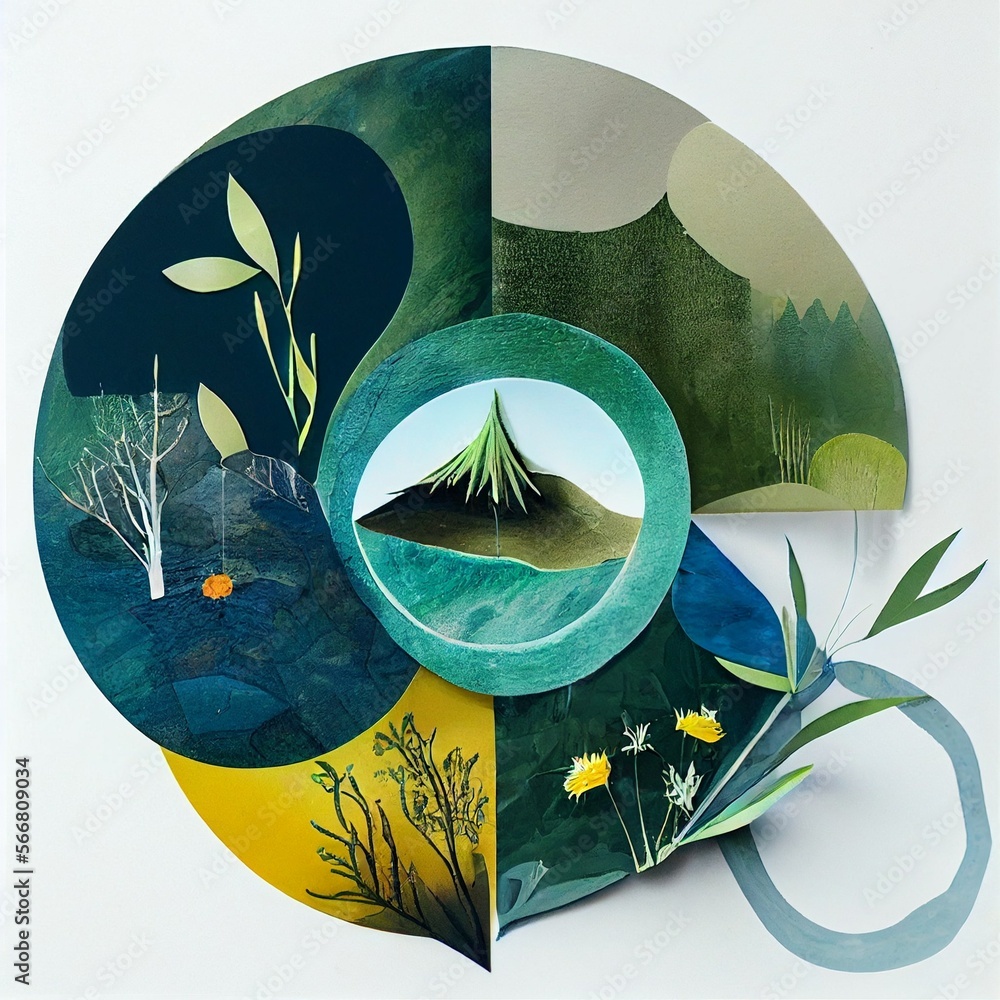 Collage style nature therapy, cycles of life, forest bathing, circles ...