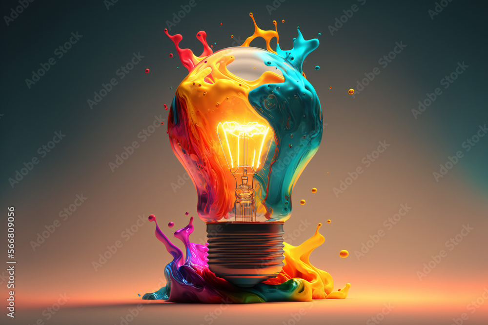 Lightbulb with inspiring explosion of paint energy. Colorful lightbulb ...