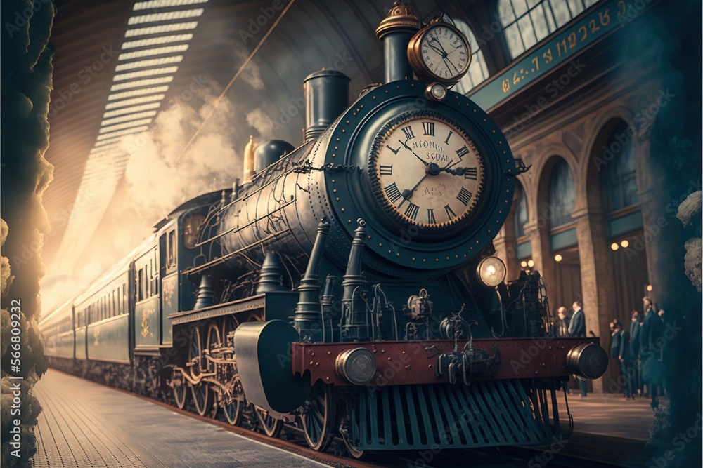 a steam engine train pulling into a train station with a clock on the ...