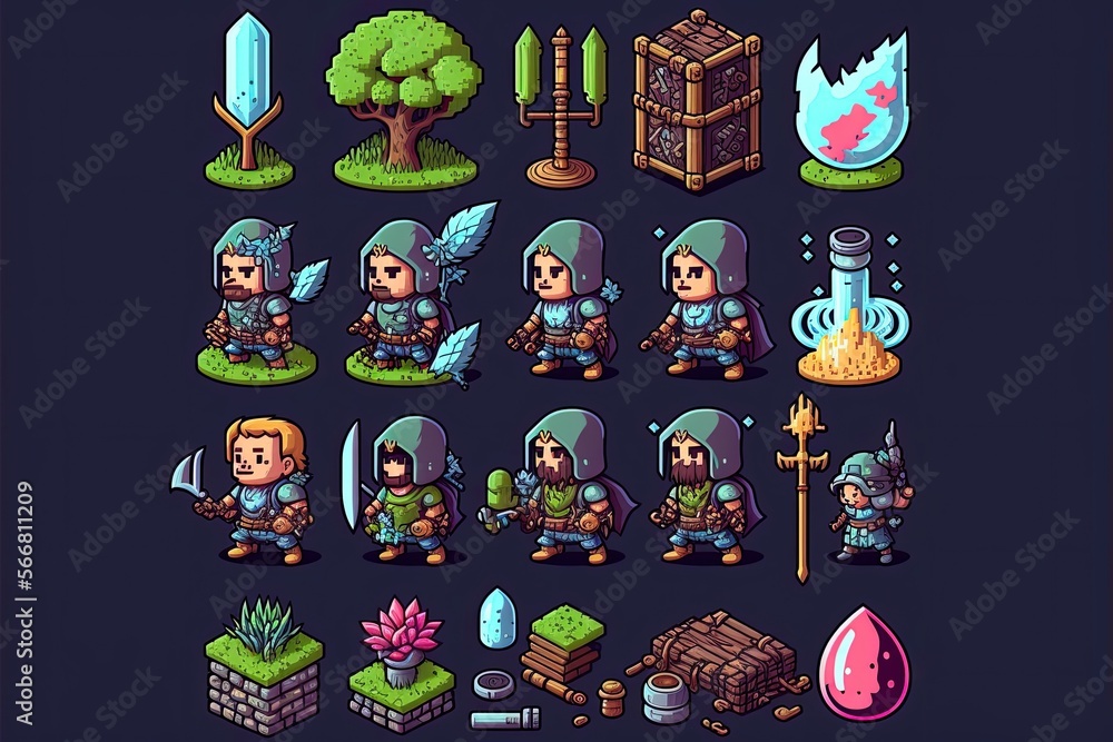 Illustration of indie game assets - 8 bit /16 bit pixel art - Created ...