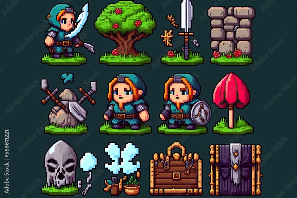 Illustration of indie game assets - 8 bit /16 bit pixel art - Created ...