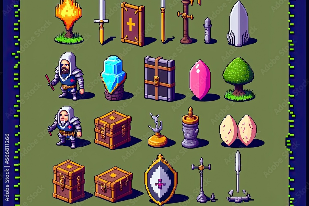 Illustration of indie game assets - 8 bit /16 bit pixel art - Created ...