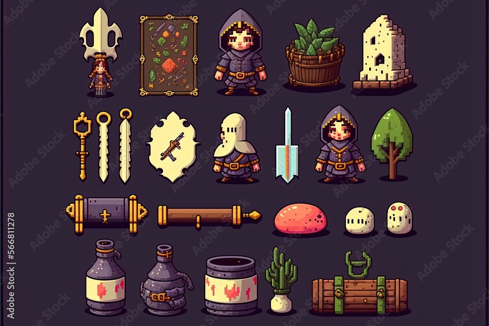 Illustration of indie game assets - 8 bit /16 bit pixel art - Created ...
