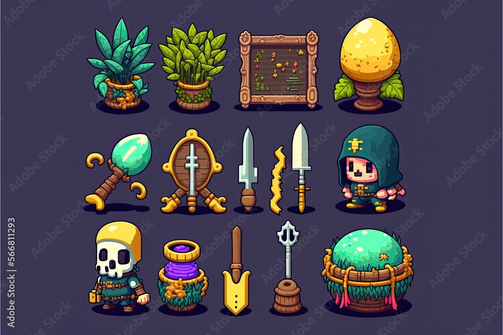 Illustration of indie game assets - 8 bit /16 bit pixel art - Created ...