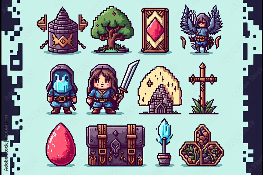 Illustration of indie game assets - 8 bit /16 bit pixel art lookalike ...