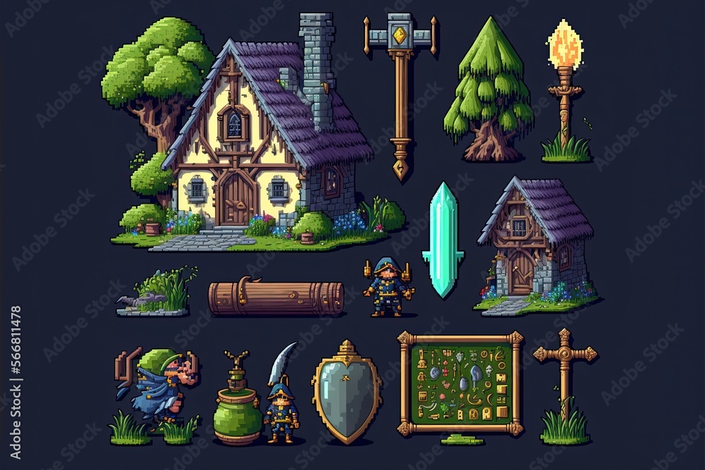 Illustration of indie game assets - 8 bit /16 bit pixel art lookalike ...