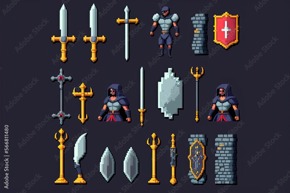 Illustration of indie game assets - 8 bit /16 bit pixel art lookalike ...