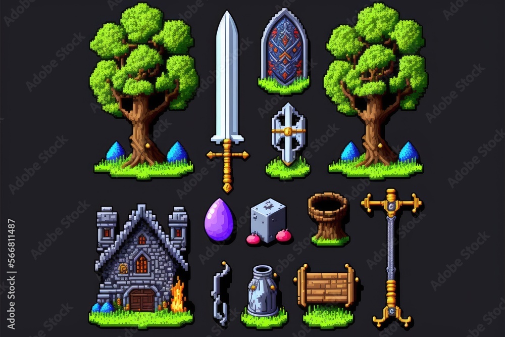 Illustration of indie game assets - 8 bit /16 bit pixel art lookalike ...