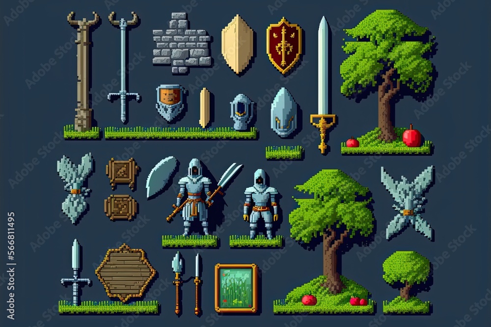 Illustration of indie game assets - 8 bit /16 bit pixel art lookalike ...